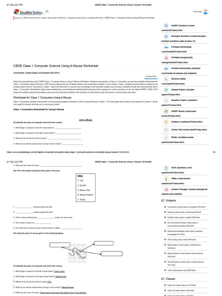 CBSE Class 1 Computer Science Using A Mouse Worksheet | PDF | Multiple ...