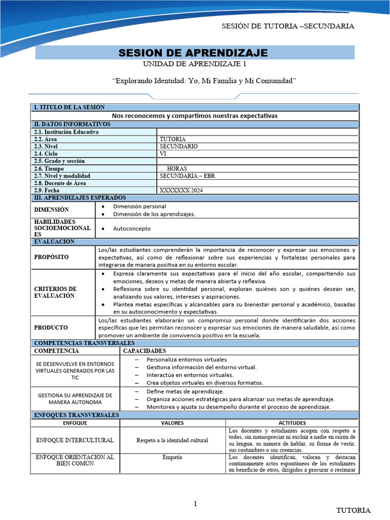 1º y 2° SES ACT 1 - TUTORIA 2024 | PDF | Aprendizaje | Evaluación