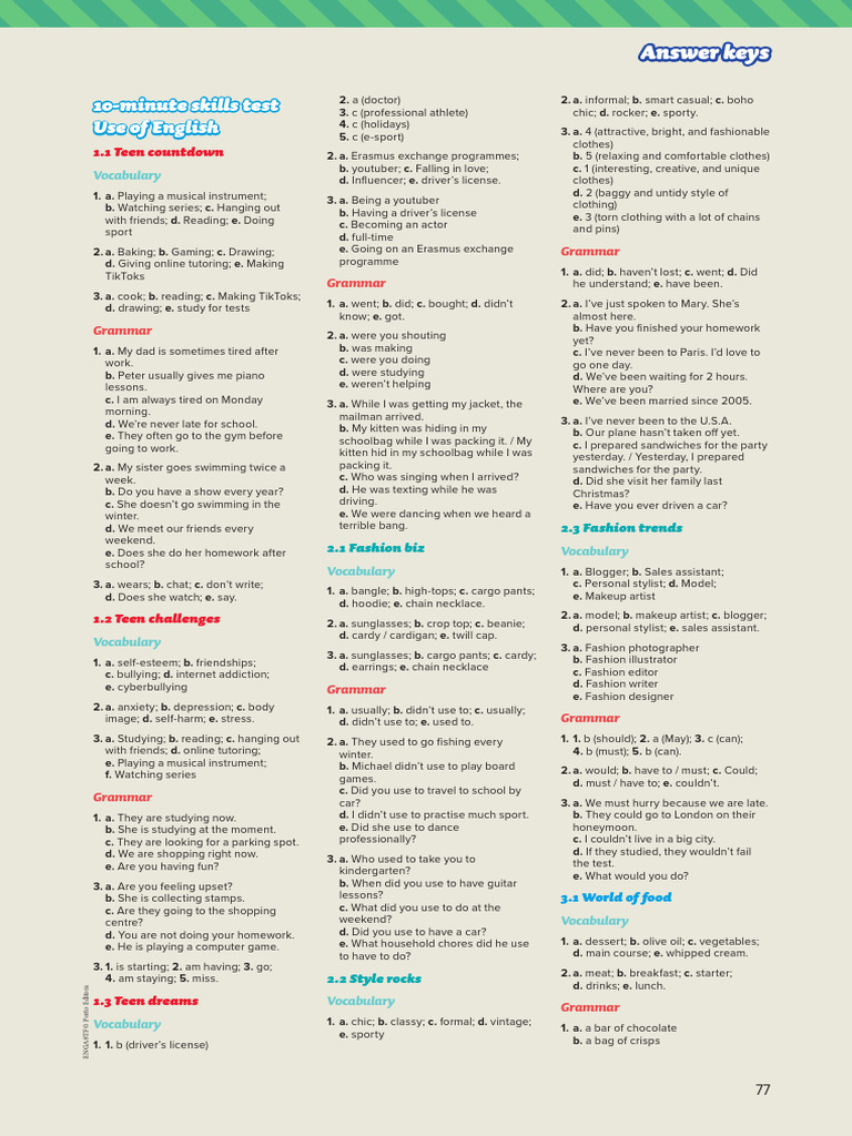 Enga8 10 Minute Skills Tests Answer Keys | PDF | Diet (Nutrition ...