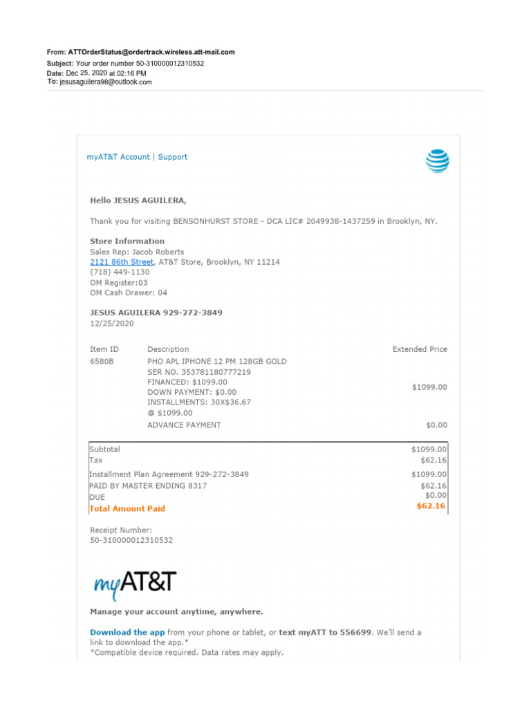 Ereceipt AT&T | PDF | Receipt | At&T