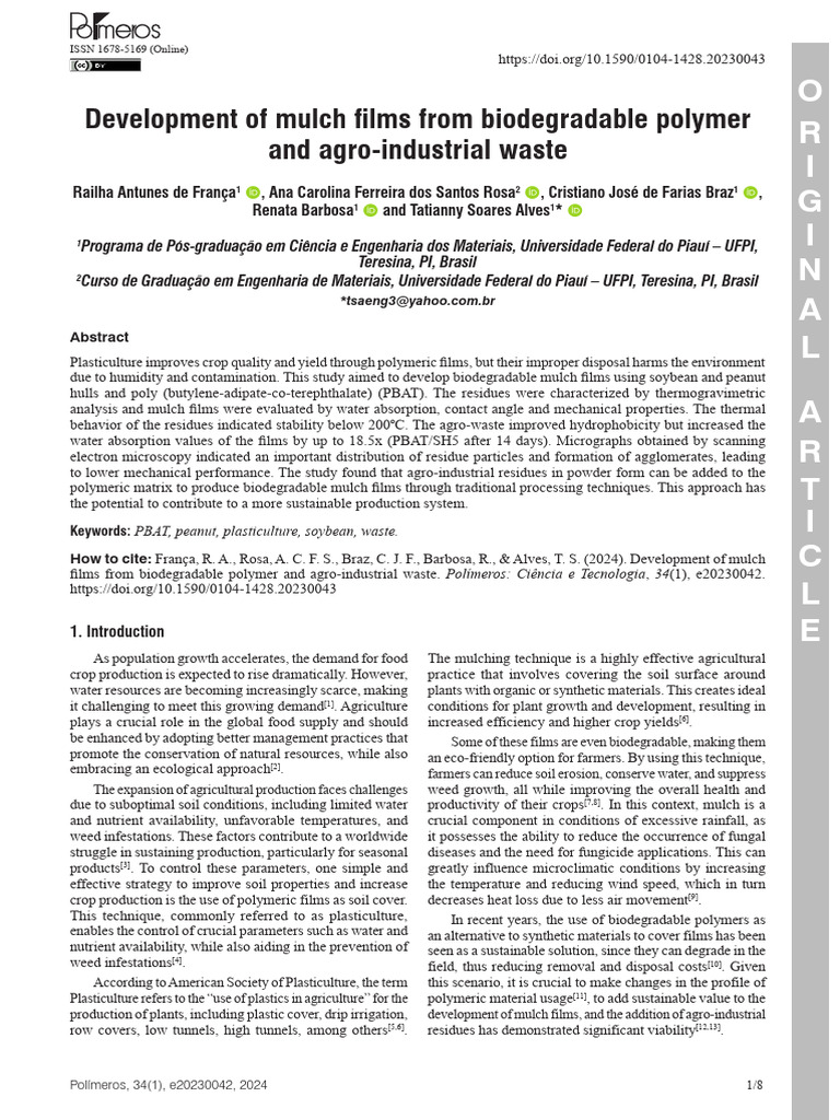 Development of Mulch Films From Biodegradable Polymer and Agro ...