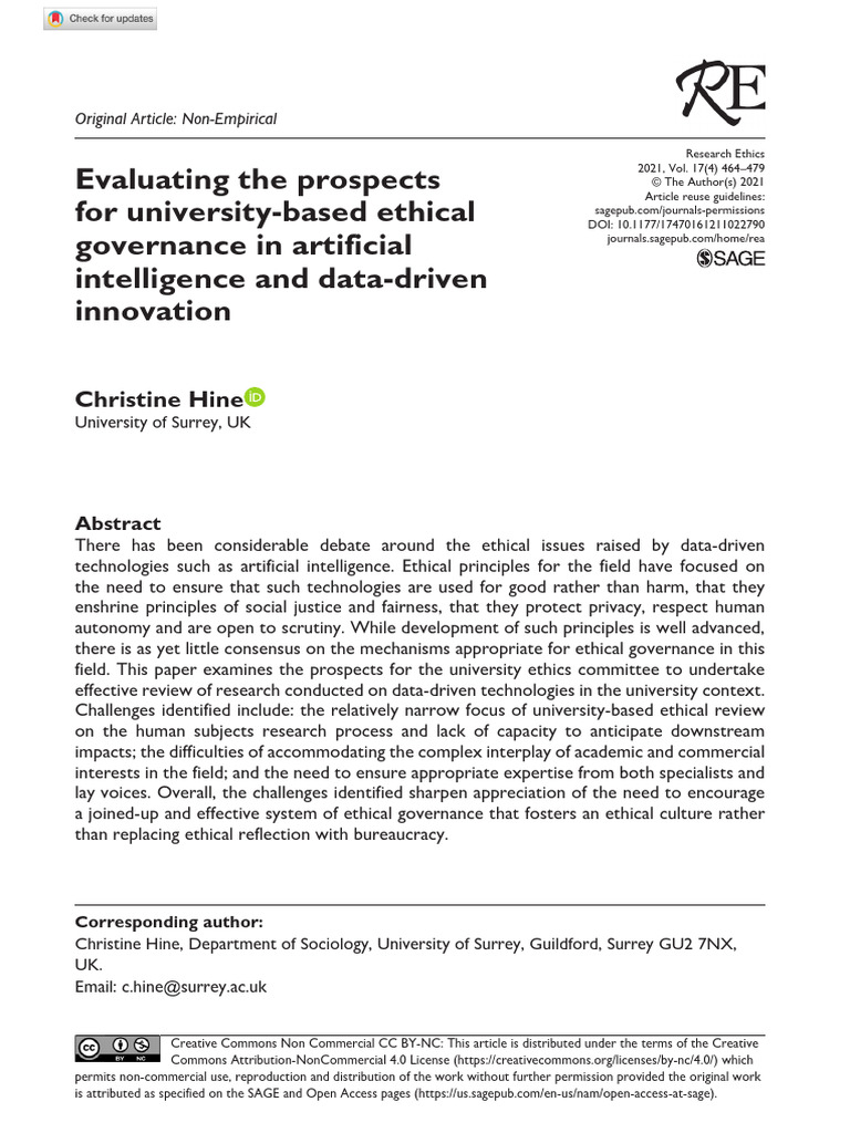 Hine 2021 Evaluating The Prospects For University Based Ethical Governance in Artificial ...