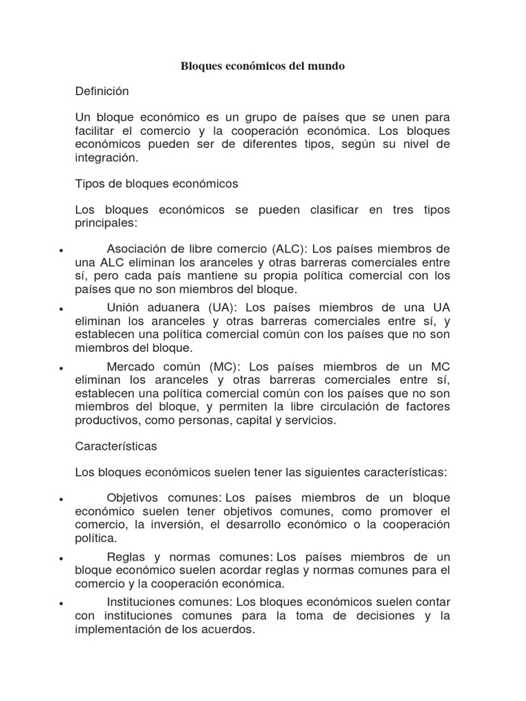 Tipos y Ventajas de Bloques Económicos | PDF | Política comercial ...