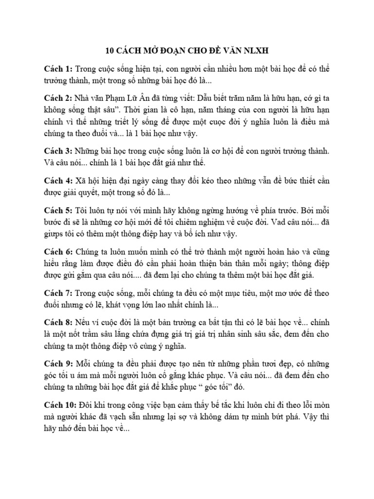 10 CÁCH MỞ ĐOẠN CHO ĐỀ VĂN NLXH | PDF