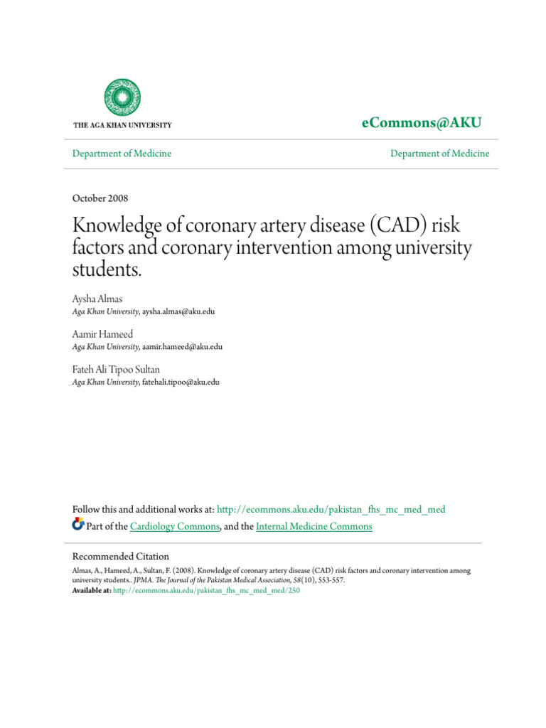 Knowledge of Coronary Artery Disease (CAD) Risk Factors and Coron | PDF ...