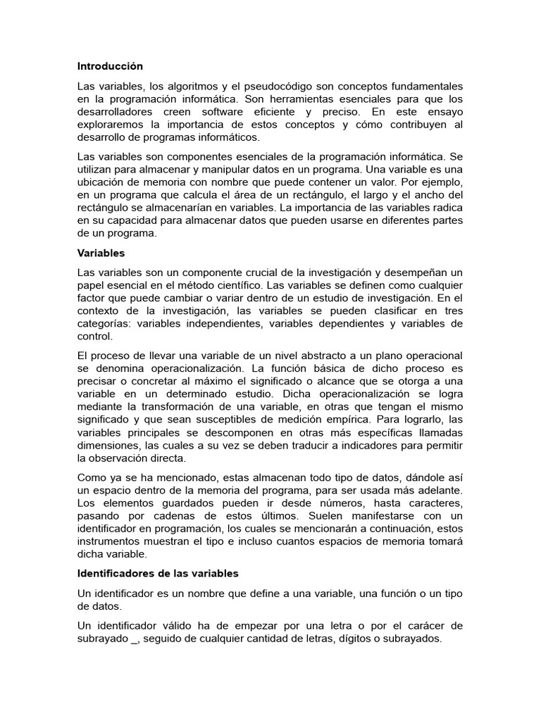 Variables, Introducción y Conclusiones | PDF | Variable (informática) | Algoritmos