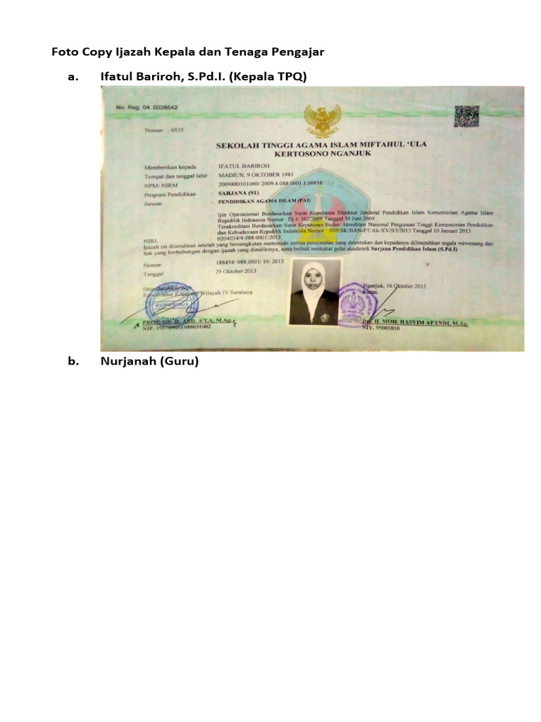 Foto Copy Ijazah Kepala Dan Tenaga Pengajar PDF | PDF