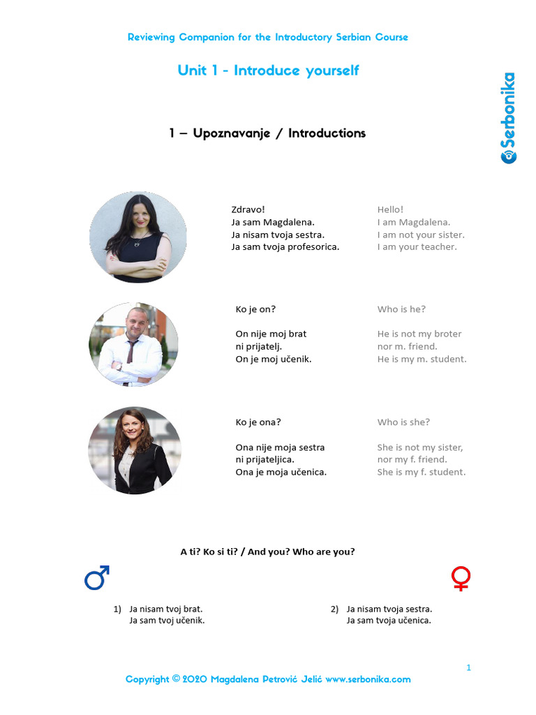 Serbonika-A1.1-Reviewing-Companion-Unit-1 KAKO SE ZOVES | PDF | Syntax | Linguistic Typology