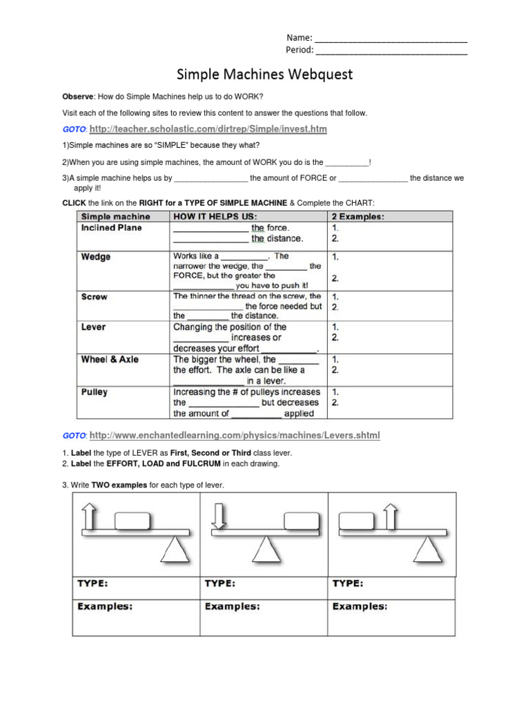 Simple Machines Webquest | PDF | Machines | Lever