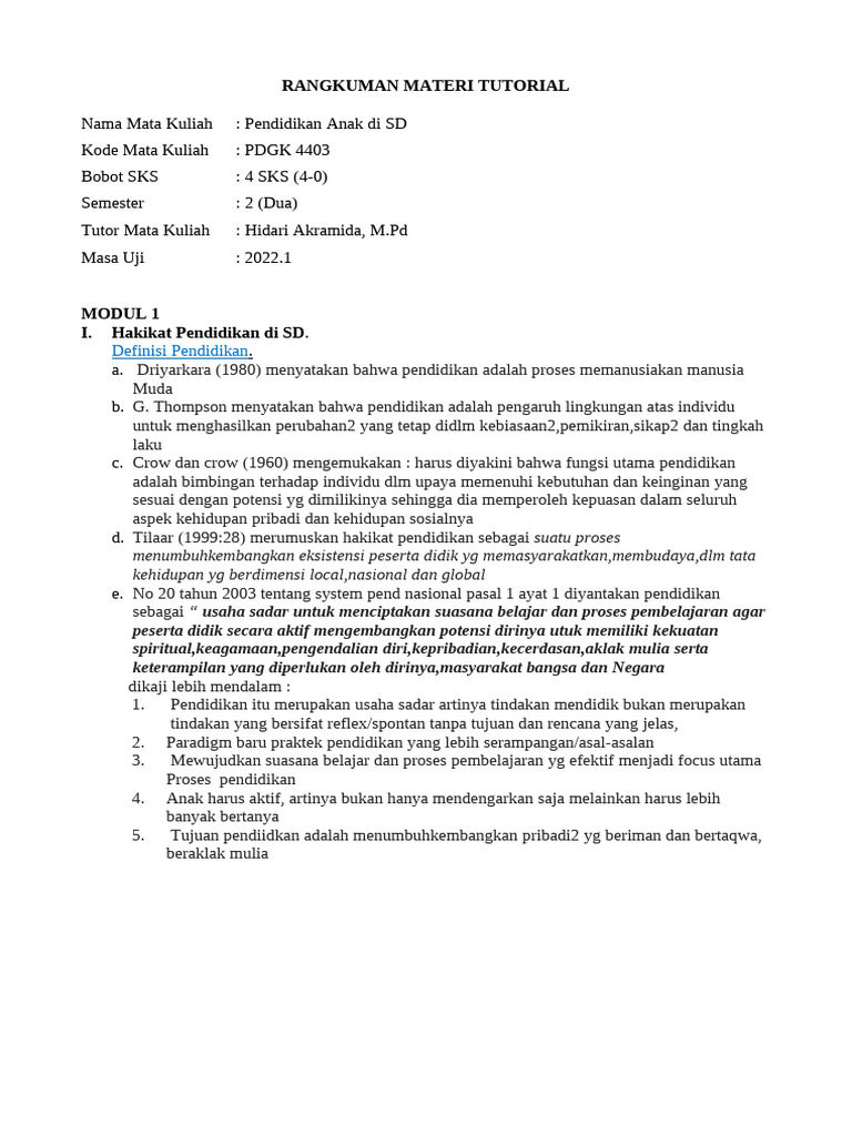 Rangkuman Materi Modul 1-12 PDGK 4403 | PDF | Karier & Perkembangan