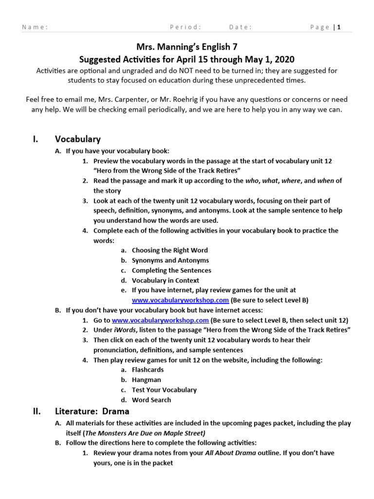 Whole Plan Packet With Instructions | PDF | Vocabulary | Monologue