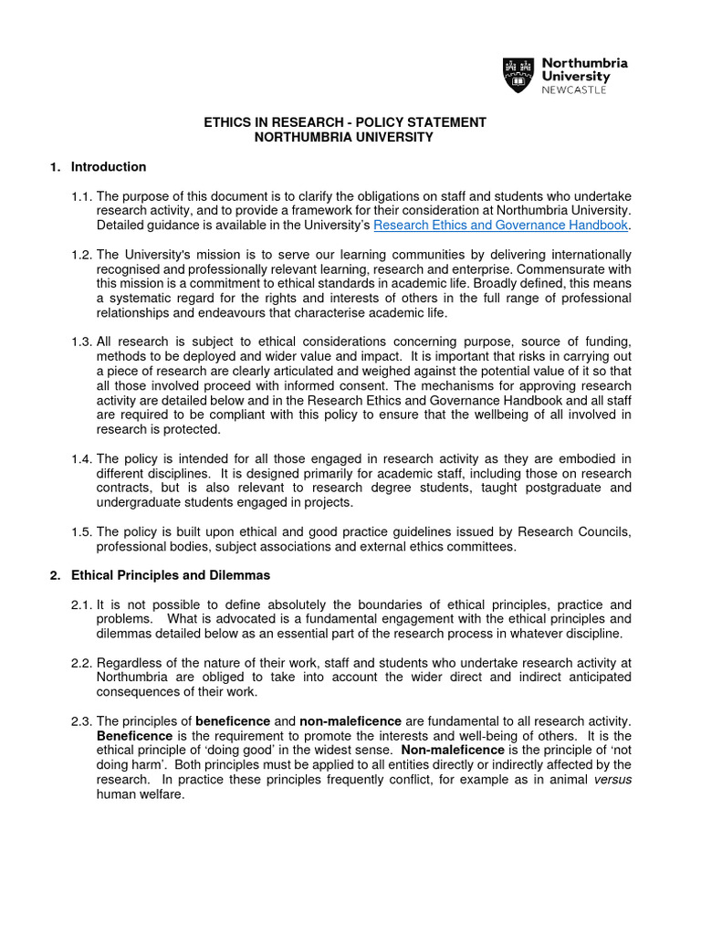 Northumbria University Research Ethics Policy | PDF | Committee ...