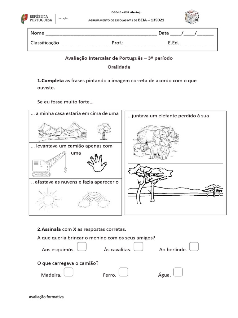 Avaliação Intercalar de Português 3 Período | PDF