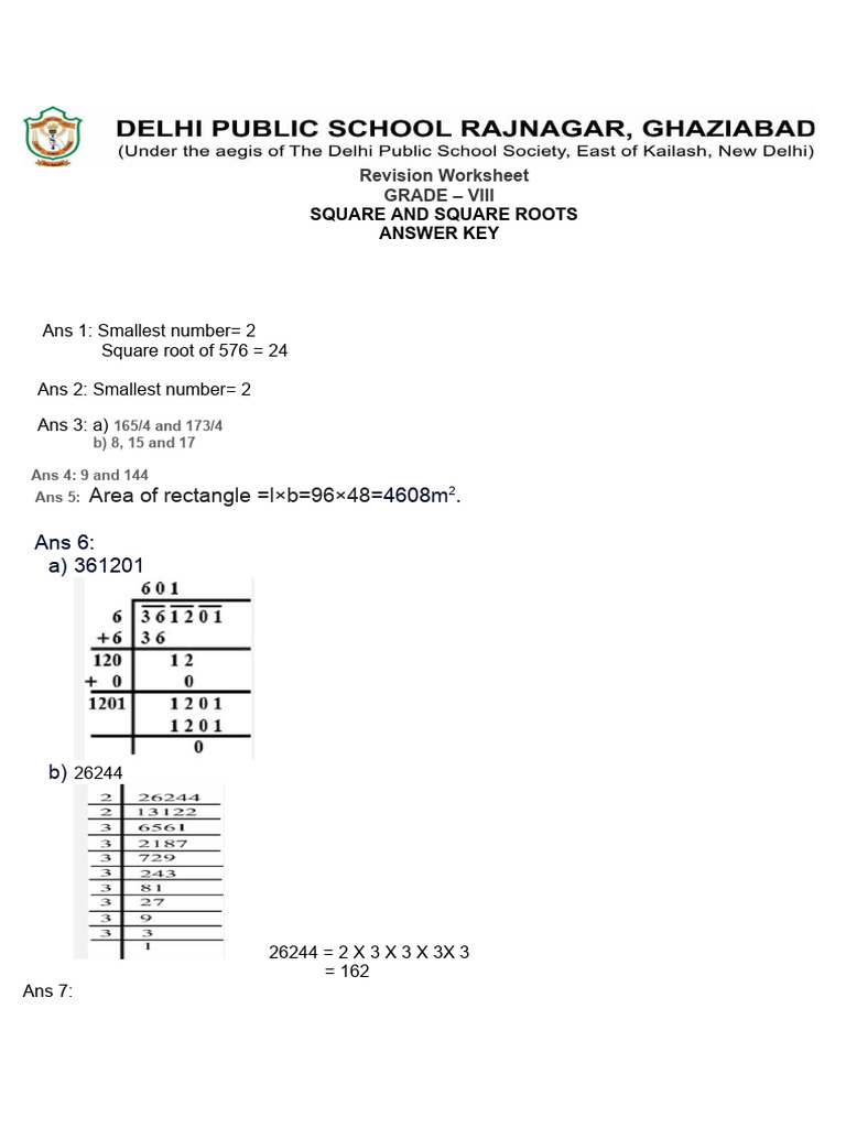 Grade 8 Square Roots Answer Key | PDF