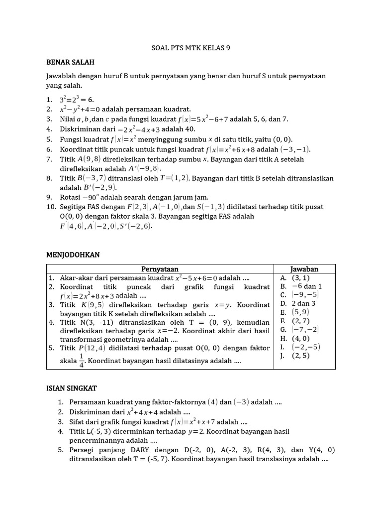 Soal PTS MTK Kelas 9 | PDF