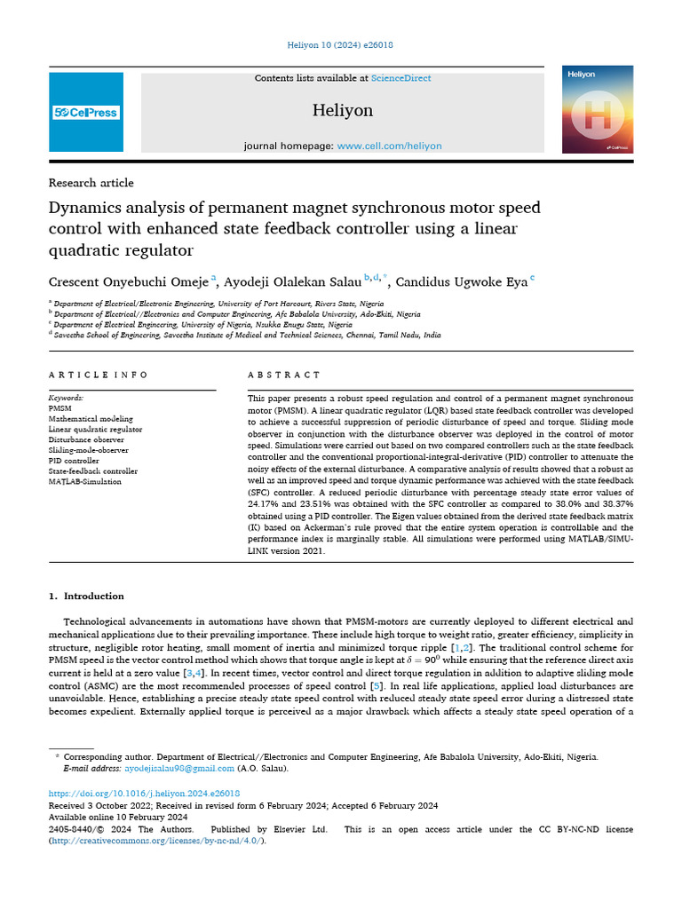 PMSM Speed Control with LQR Analysis | PDF | Control Theory | Feedback