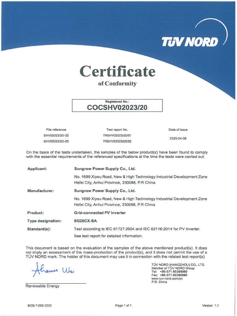 SG25CX-SA Certificates (IEC - EN 62109-1 - 2 and IEC 61727 With IEC ...