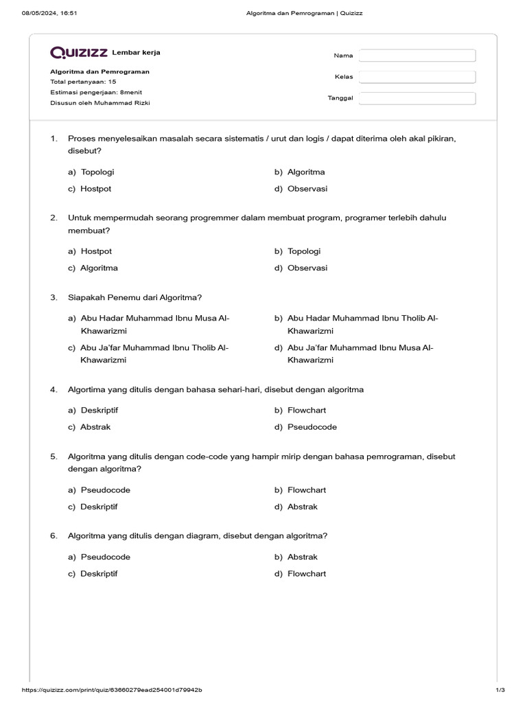 Algoritma Dan Pemrograman - Quizizz | PDF