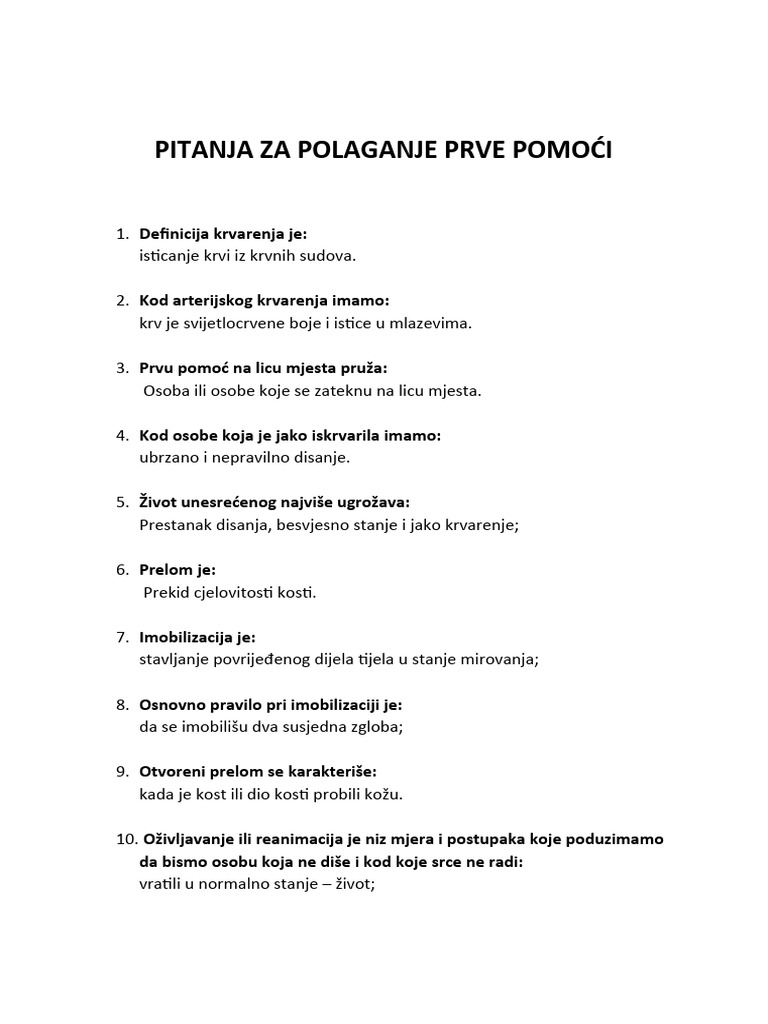 Pitanja Za Polaganje Prve Pomoći | PDF