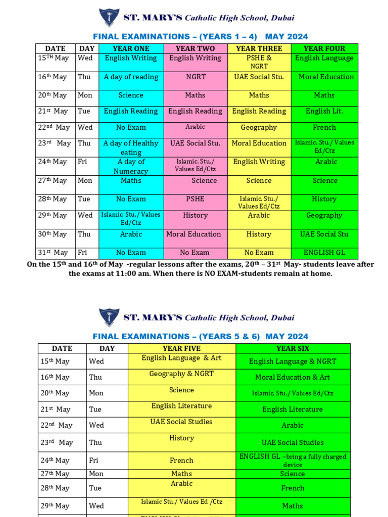 Final Exams May 2024 Years 1 10 | PDF | Science
