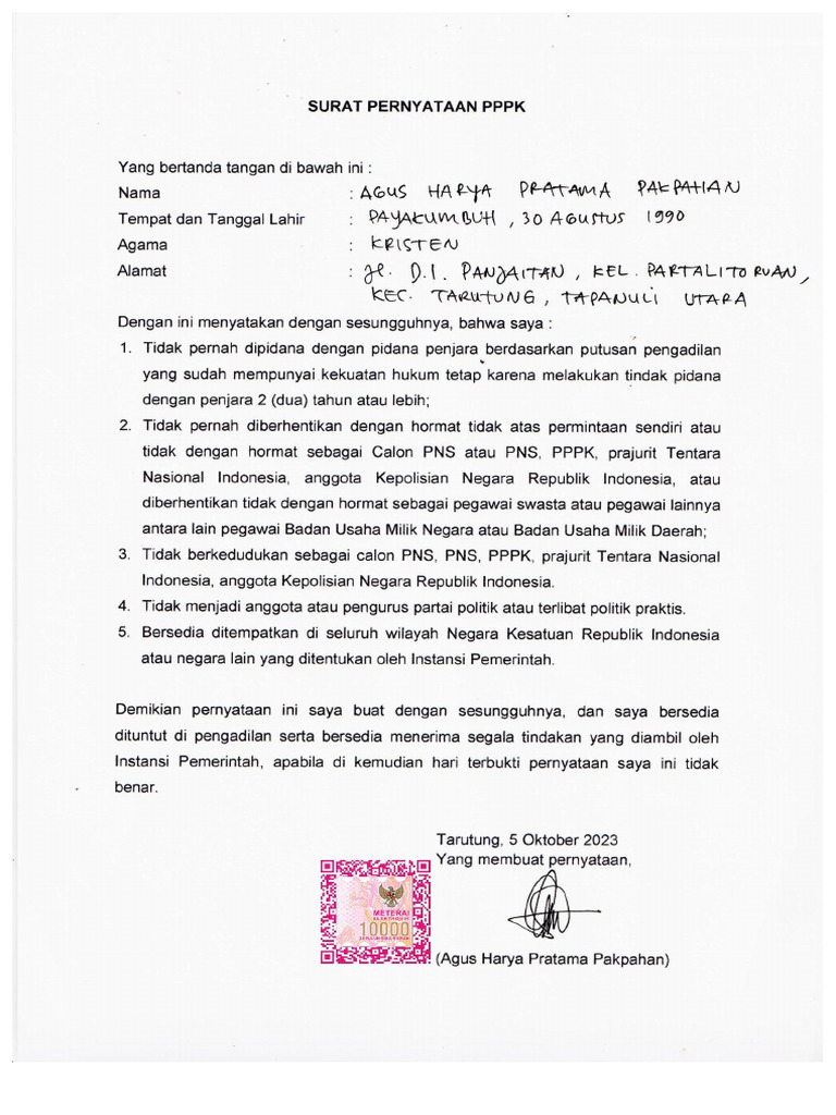Surat Pernyataan 5 Poin Agus Harya Pratama Pakpahan | PDF