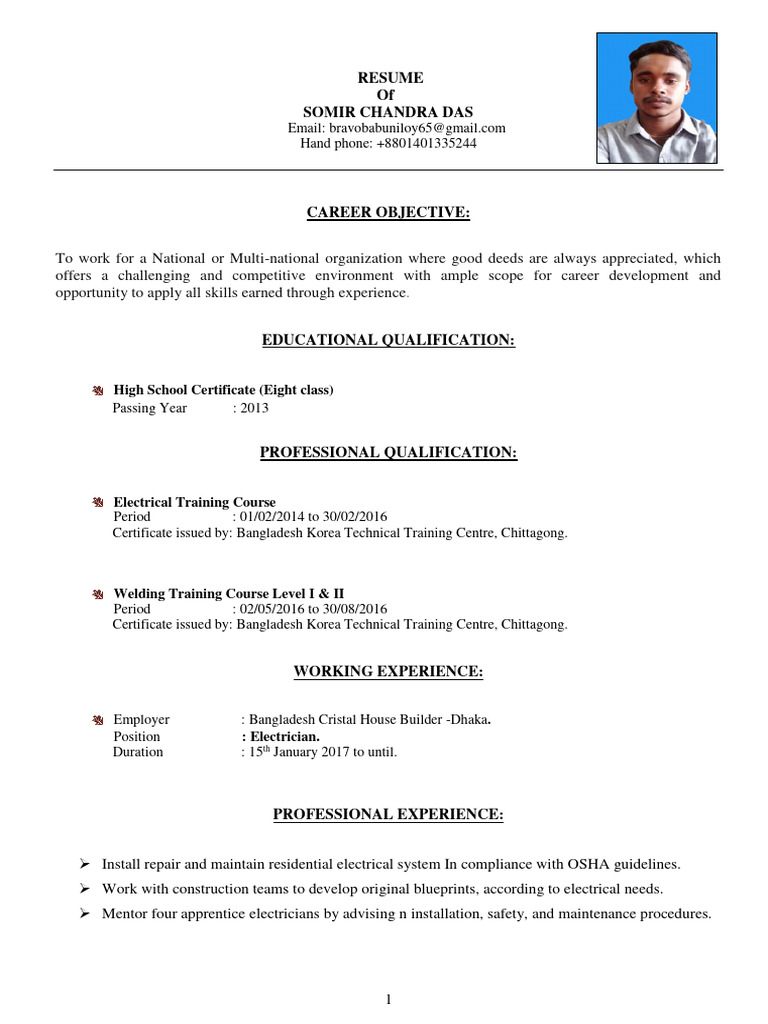 Somir Chandra Das Resume | PDF | Electrician | Electrical Engineering