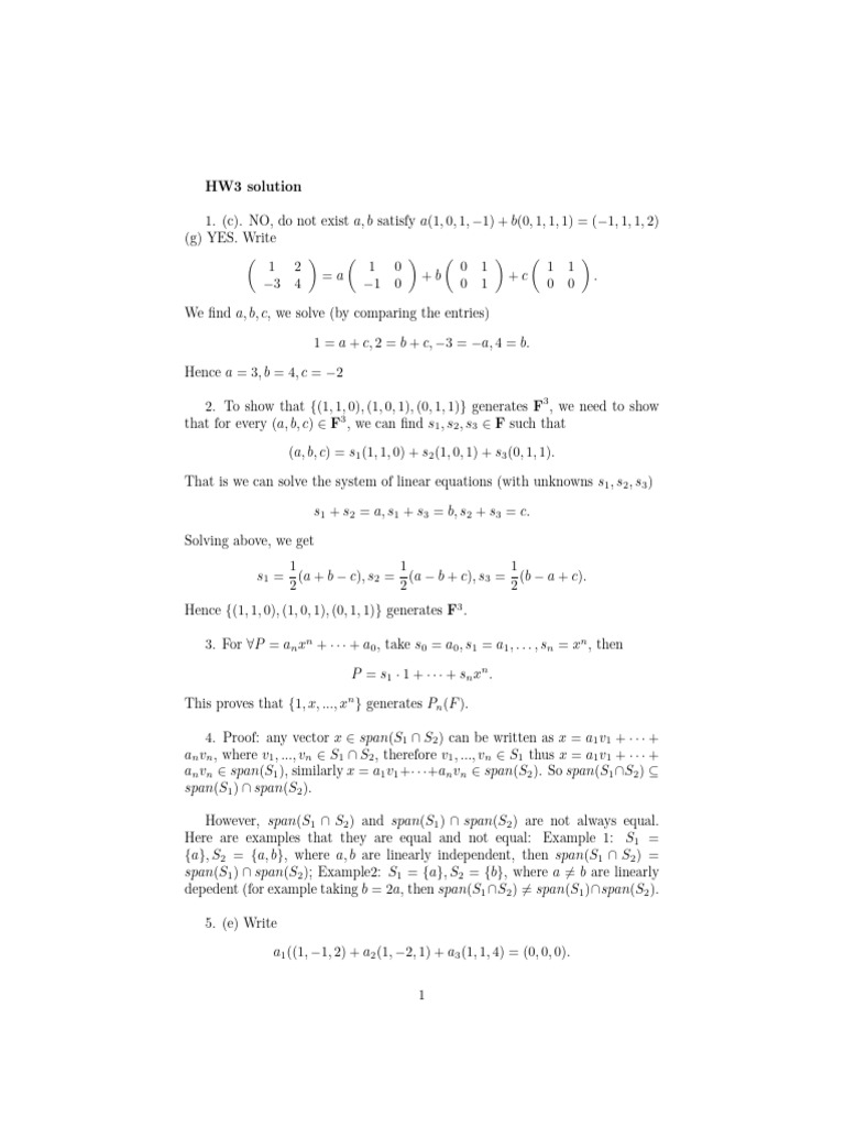 HW3 Solutionn | PDF | Basis (Linear Algebra) | Applied Mathematics