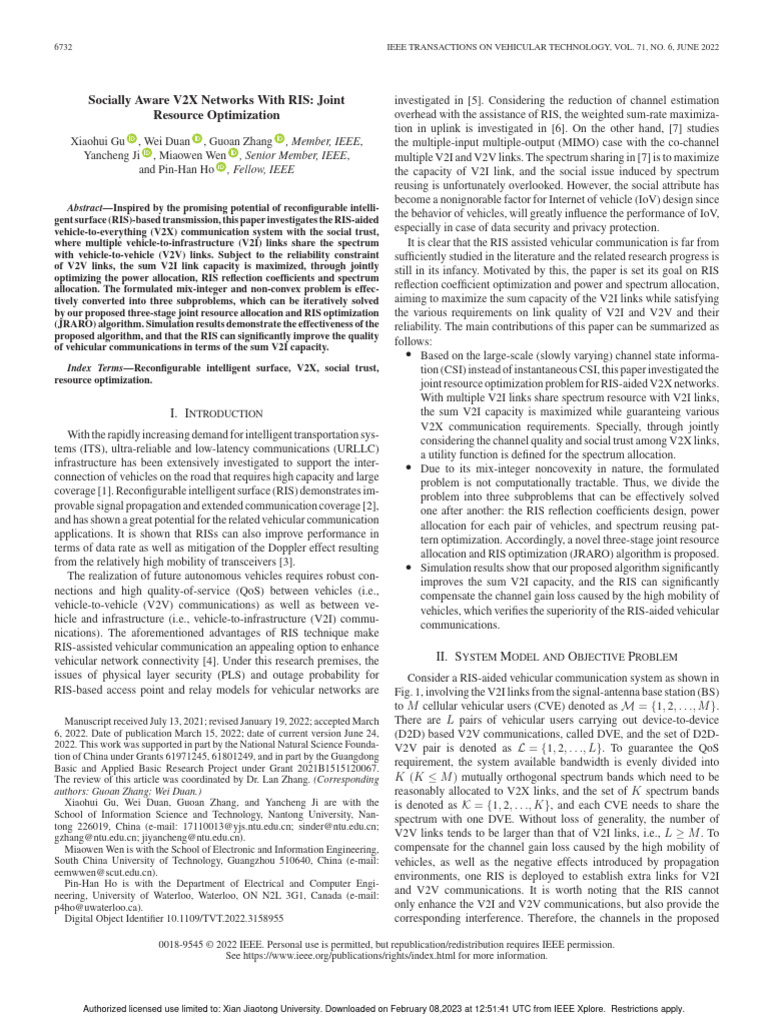 Socially Aware V2X Networks With RIS Joint Resource Optimization | PDF ...