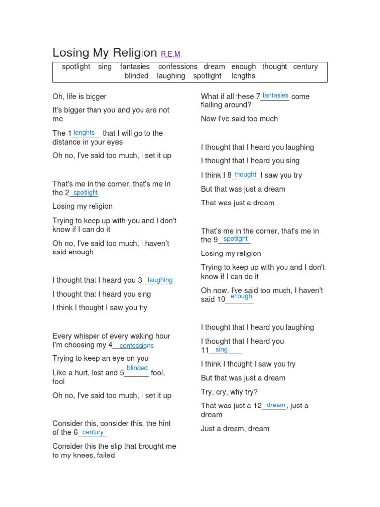 "Losing My Religion Lyrics Analysis" | PDF