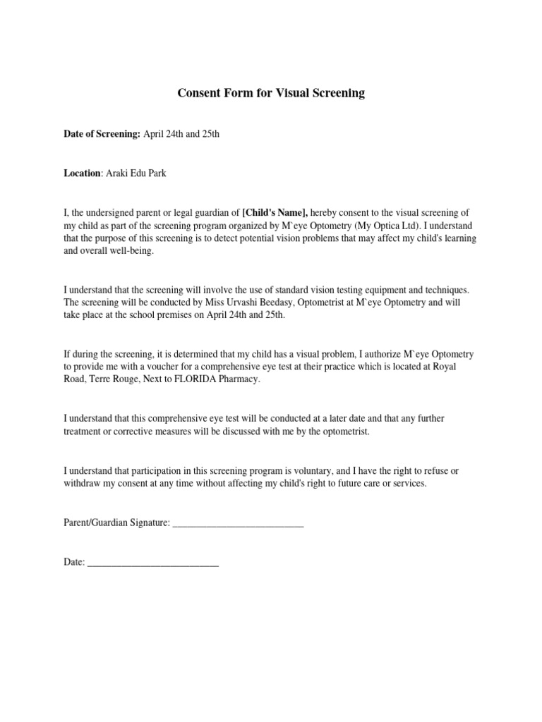 Consent Form For Visual Screening | PDF