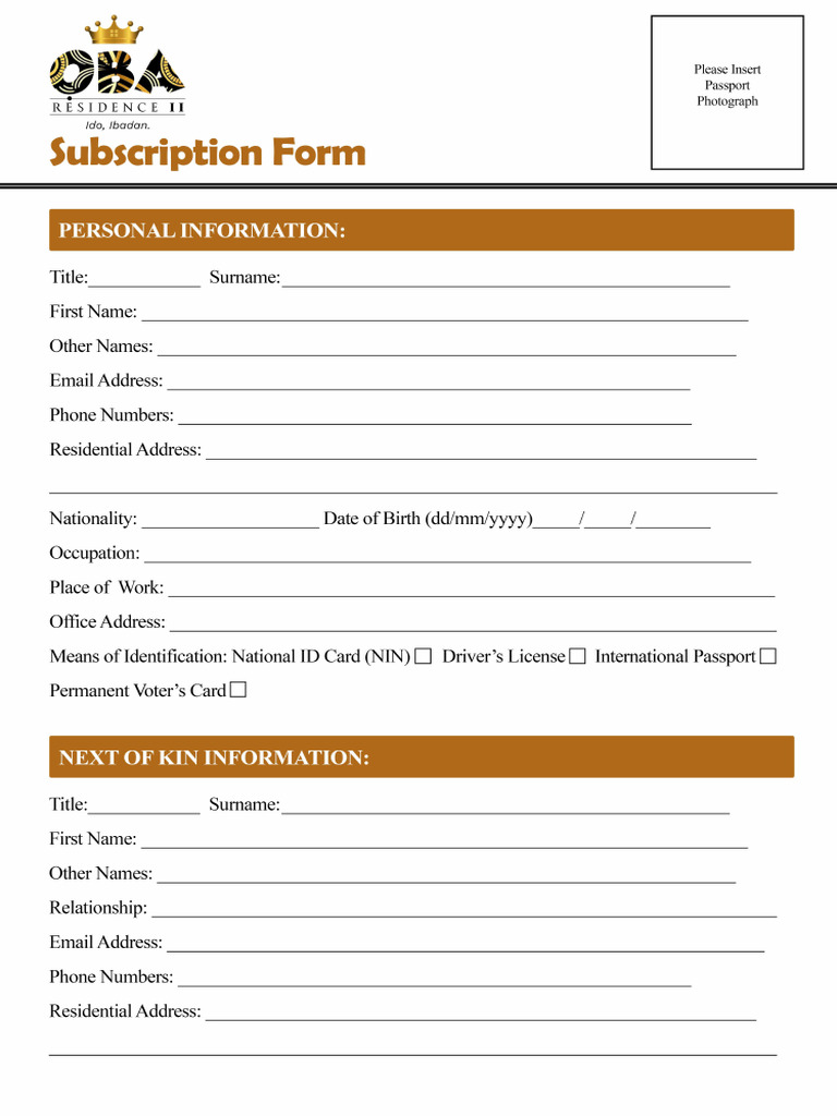 OBA RESIDENCE II IDO, IBADAN SUBCRIPTION FORM | PDF