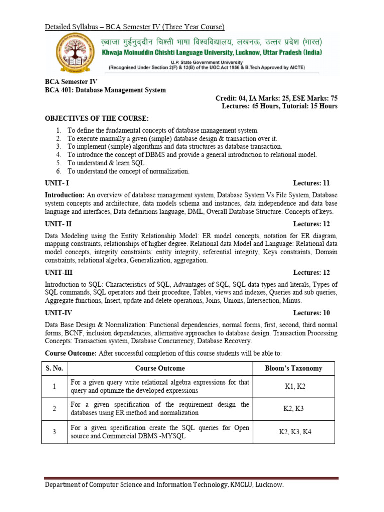 BCA Semester IV Syllabus Overview | PDF | Relational Database | Databases