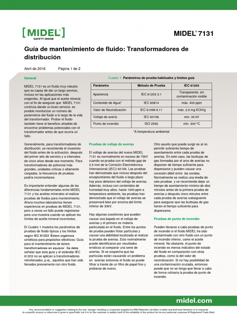 MIDEL 7131 Fluid Maintenance Guide SP A4 | PDF | Transformador