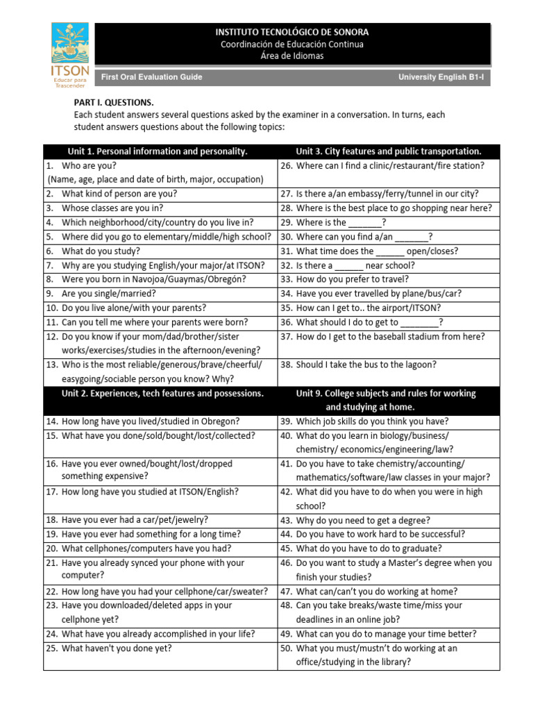 1st Oral Guide B1-I January - May 2024 | PDF | Job Interview