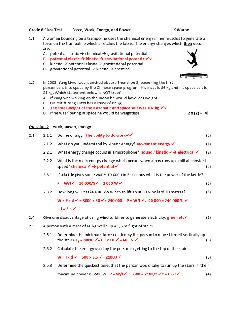 Grade 8 Class Test Force Work Energy and Power - MEMO | PDF | Kinetic ...