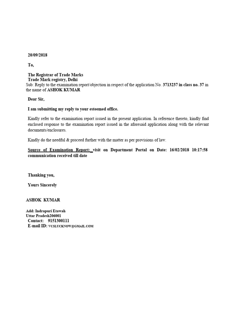 Trademark Reply Format For Section 9 and 11 | PDF | Trademark | Justice