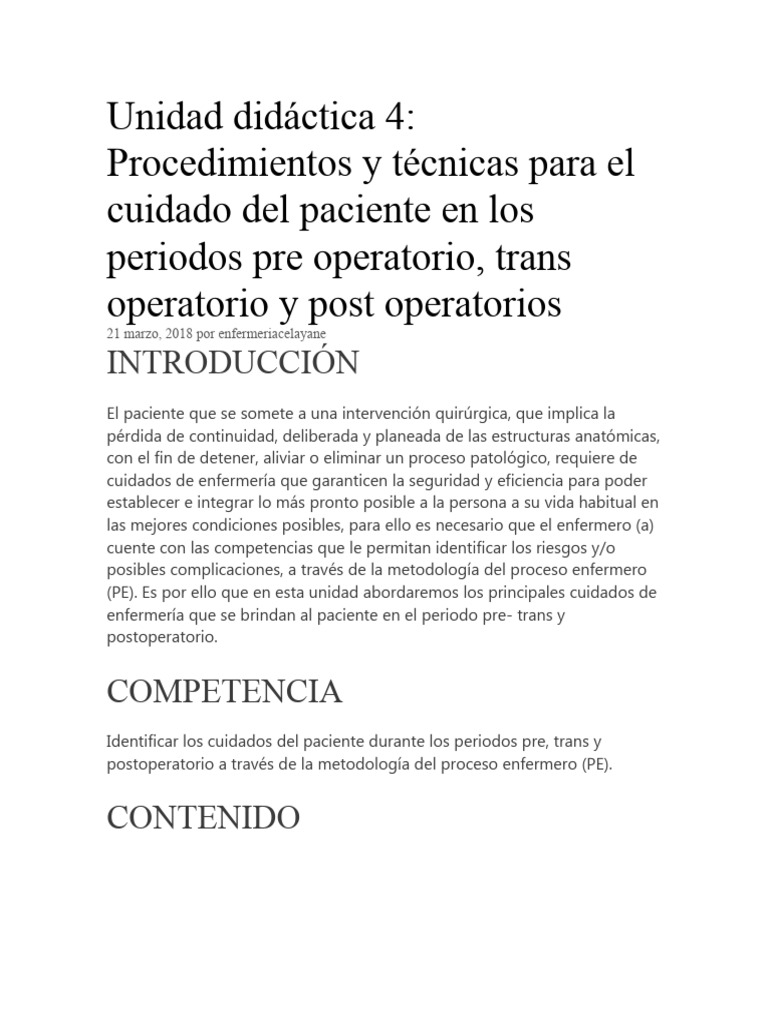 Procedimientos y Técnicas en Los Periodos Pre, Trans Post Operatorios UNIDAD 4 | PDF | Cirugía ...