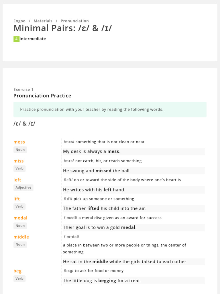 Pronunciation Practice: /ɛ/ & /ɪ/ Minimal Pairs | PDF | Adjective | Noun