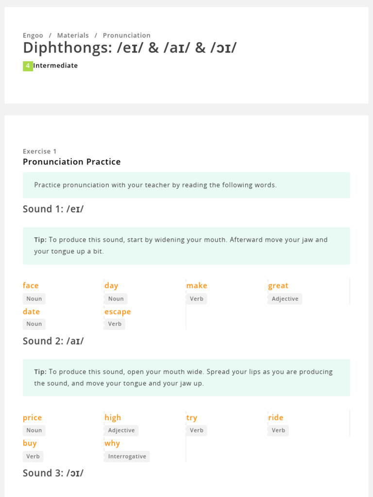 Diphthongs - Eɪ - & - Aɪ - & - Ɔɪ - Engoo | PDF | Noun | Verb