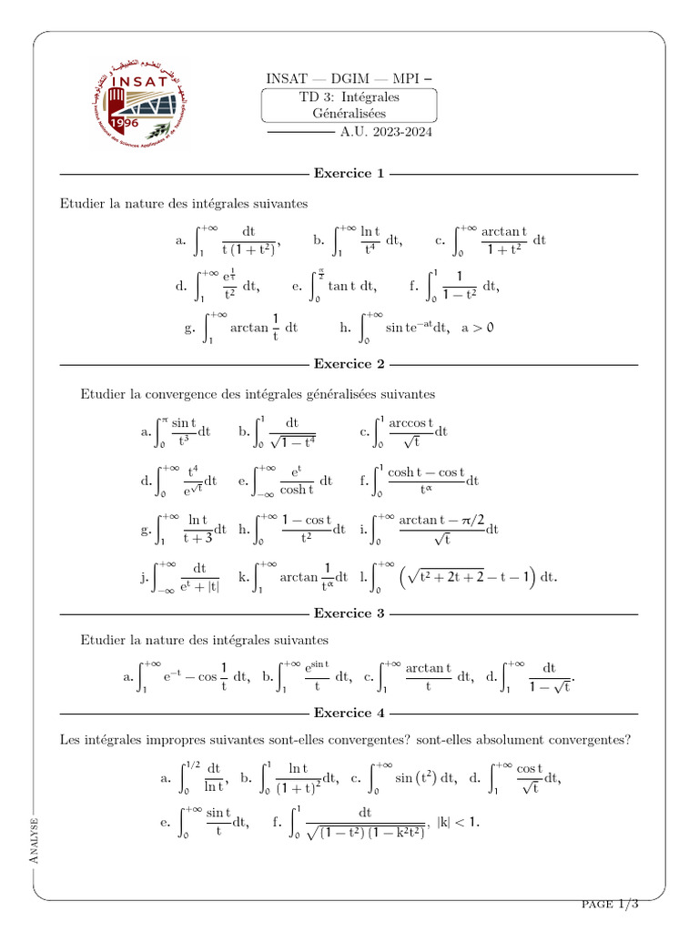 Exercices sur les intégrales généralisées | PDF | Analyse mathématique ...