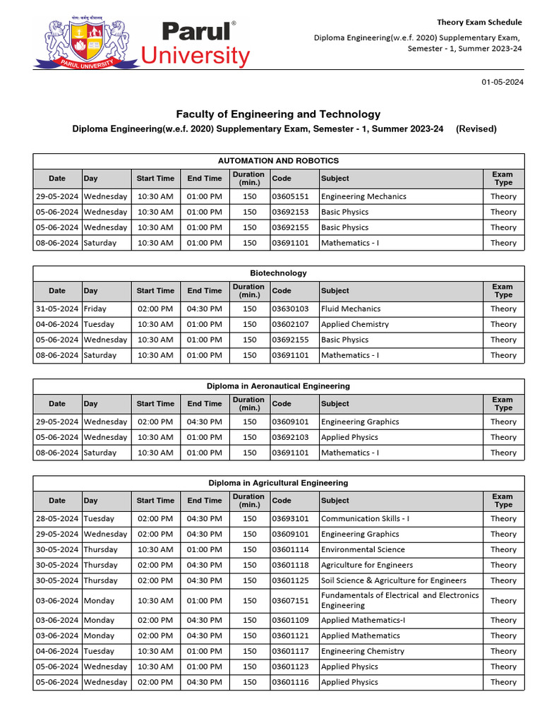 Theory Exam Schedule Diploma Engineering (W e F 2020) Supplementary Exam Semester 1 Summer 2023 ...
