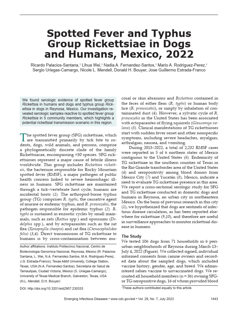 Spotted Fever and Typhus Group Rickettsiae in Dogs and Humans, Mexico ...