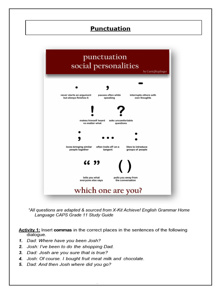 Punctuation Exercises for Grade 11 English | PDF | Language Mechanics ...