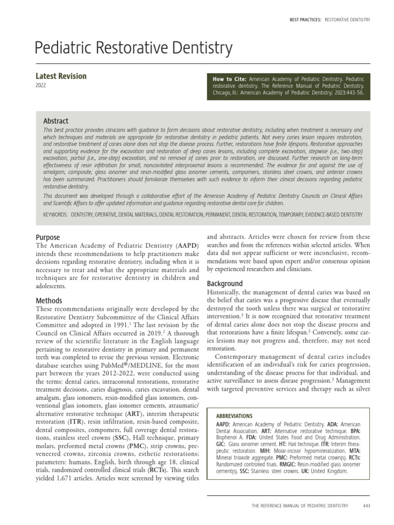 Articulo American Academy of Pediatric Pediatric Restorative Dentistry ... Articulo American Academy of Pediatric Pediatric Restorative Dentistry ...