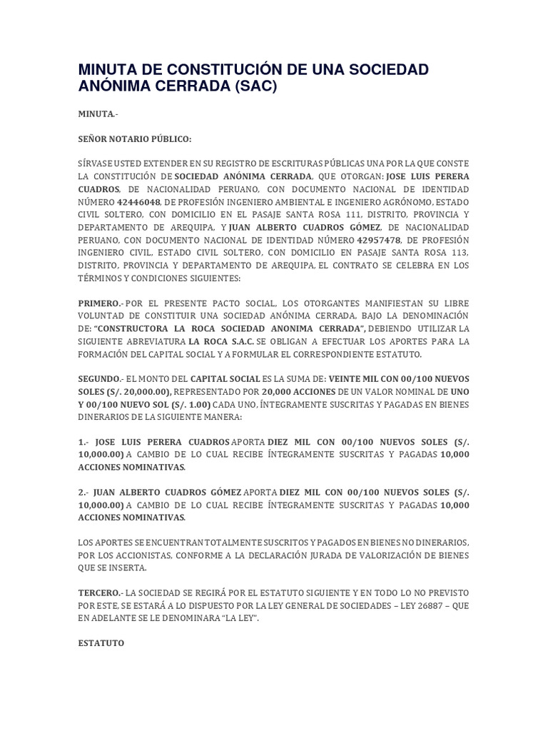 Minuta de Constitución de Una Sociedad Anónima Cerrada | PDF | Bancos | Minería