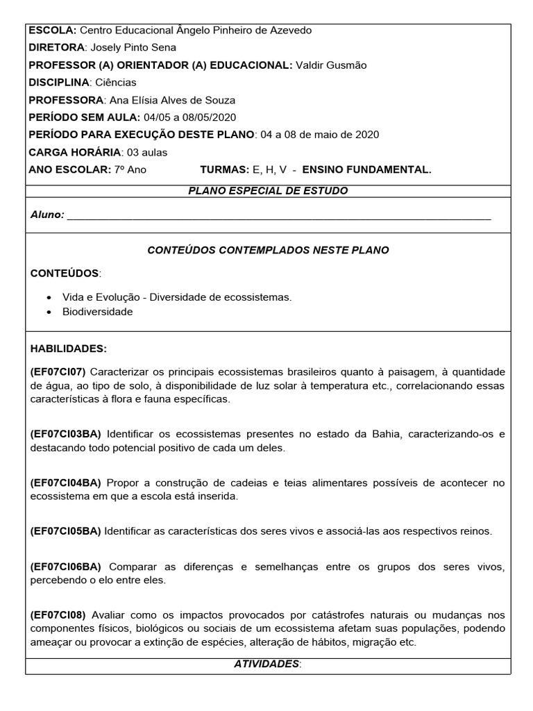 Plano de Ensino 7 Ano Ciências 04 A 08 de Maio 2020 | PDF | Biodiversidade | Habitat