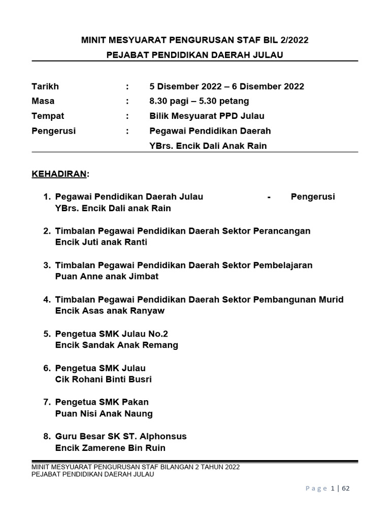 MINIT MESYUARAT PENGURUSAN BILANGAN 2 TAHUN 2022 | PDF