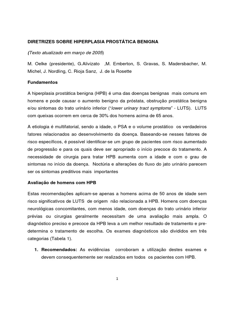 Diretrizes sobre Hiperplasia Prostática Benigna | PDF | Medicina ...