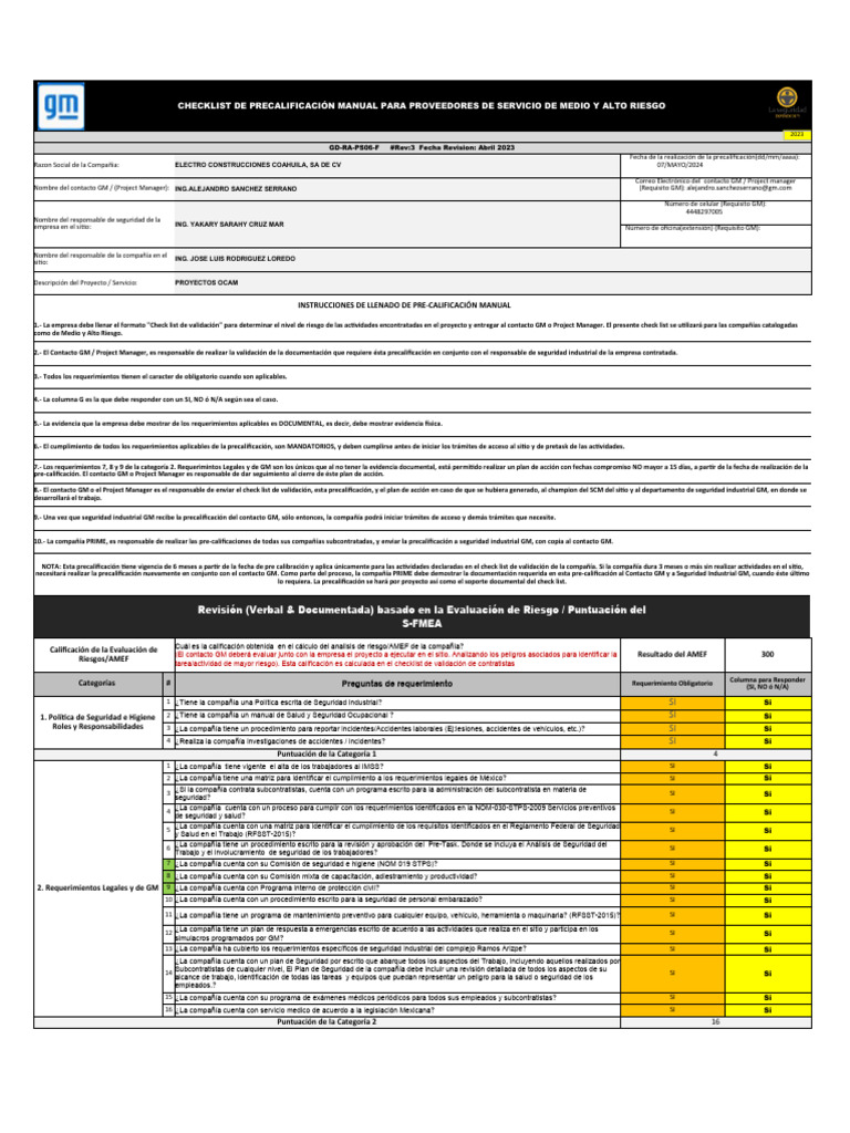 GD-RA-PS06-F Checklist Precalificación 2024 GM SLP | Descargar gratis PDF | Outsourcing ...