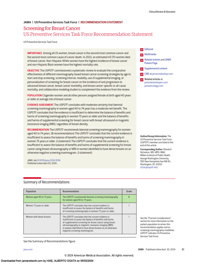 Screening For Breast Cancer US Preventive Services Task Force Recommendation Statement | PDF ...